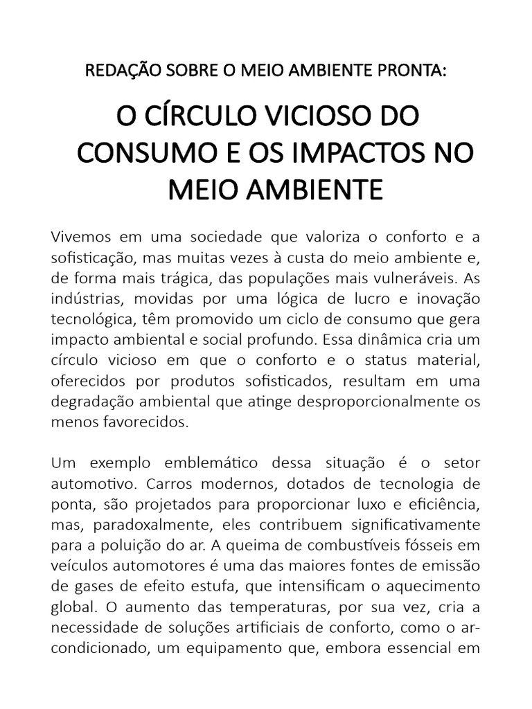 Redacao Sobre o Meio Ambiente Pronta o Circulo Vicioso Do Consumo e Os ...