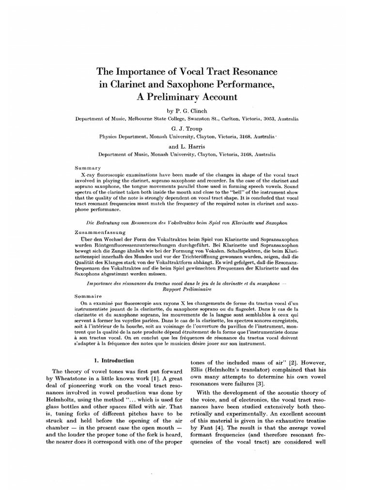 Vocal Tract Resonance in Woodwinds | PDF | Spectral Density | Clarinet