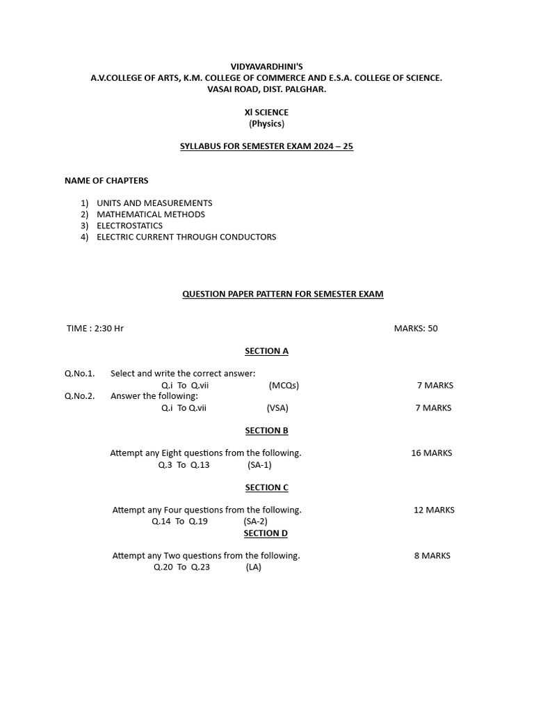 XI Question Paper Pattern and Syllabus | PDF | Teaching Methods & Materials | Science & Mathematics