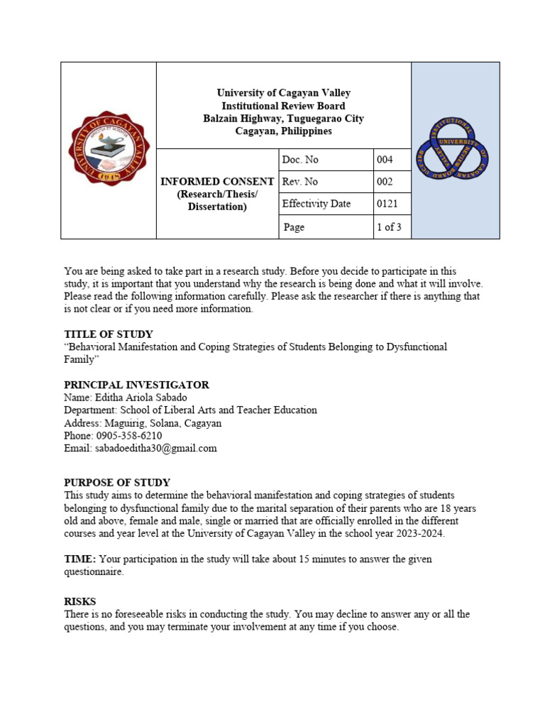 Irb Form 004 v2 Inf Ormed Consent Form Final Revised | PDF | Consent | Thesis