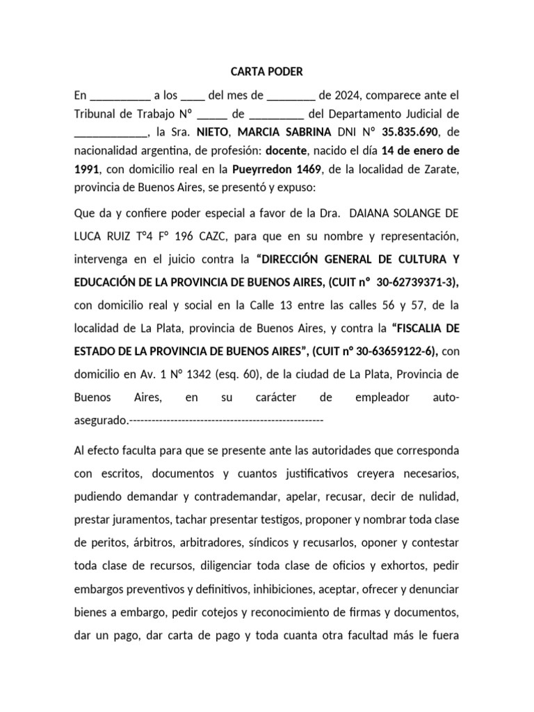 Carta Poder Juicio Laboral Buenos Aires | PDF