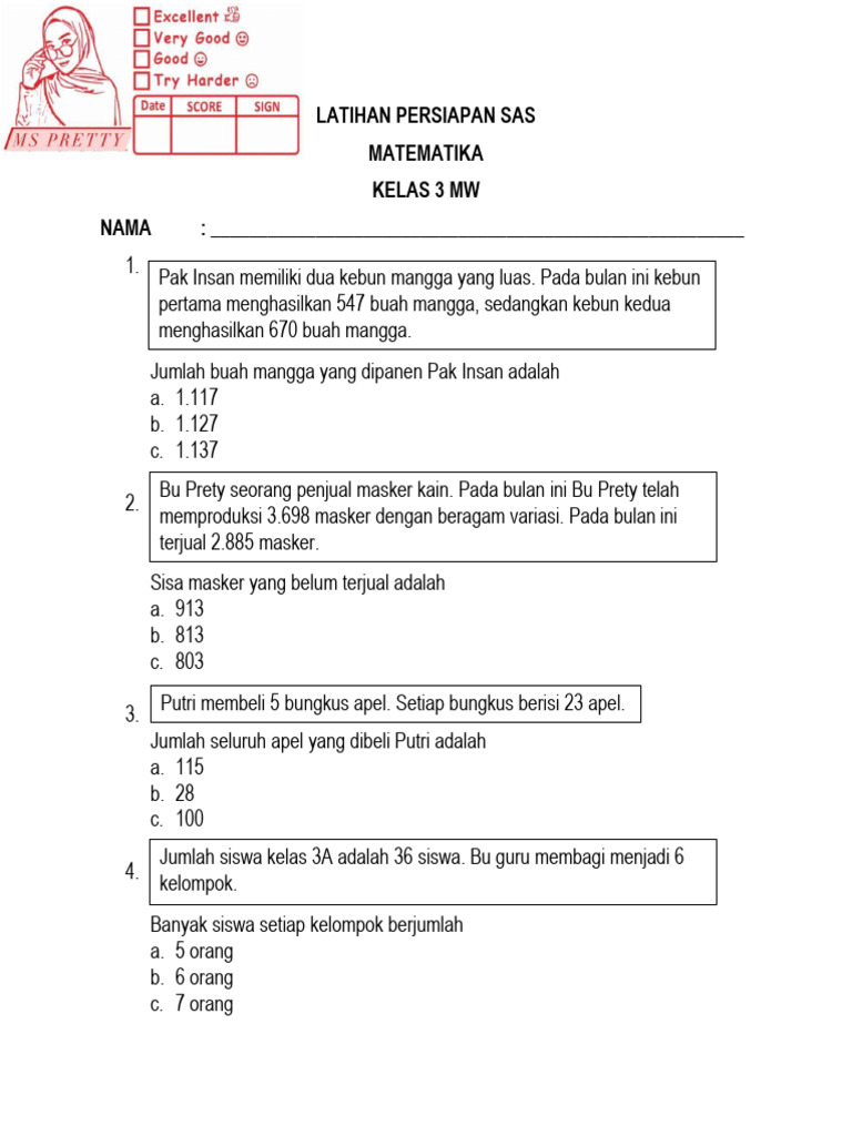 6 Rangkap Latihan Persiapan Sas Matematika Kelas 3 MW | PDF | Griya & Taman