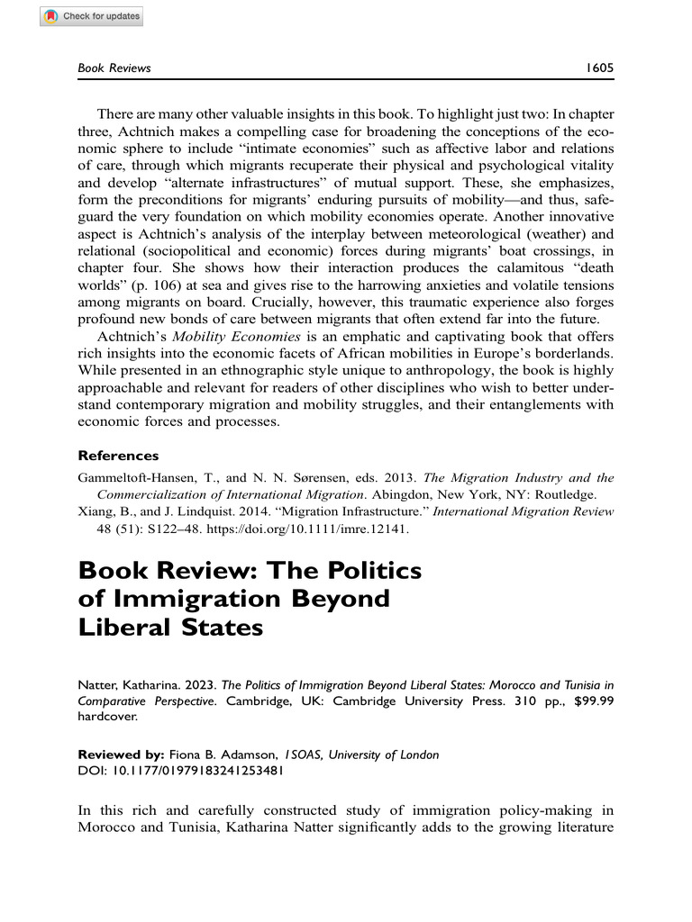 Adamson 2024 Book Review The Politics of Immigration Beyond Liberal ...