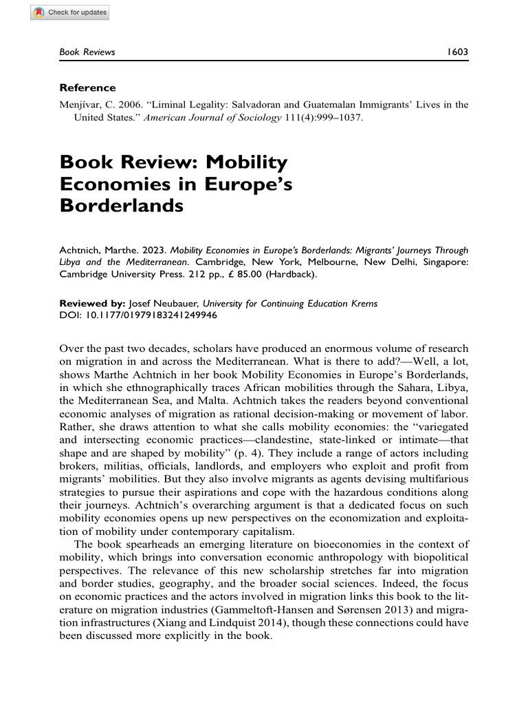 Neubauer 2024 Book Review Mobility Economies in Europe S Borderlands ...