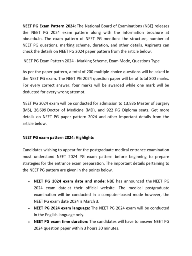 NEET PG Exam Pattern 2024 | PDF | Health Care | Vocational Education