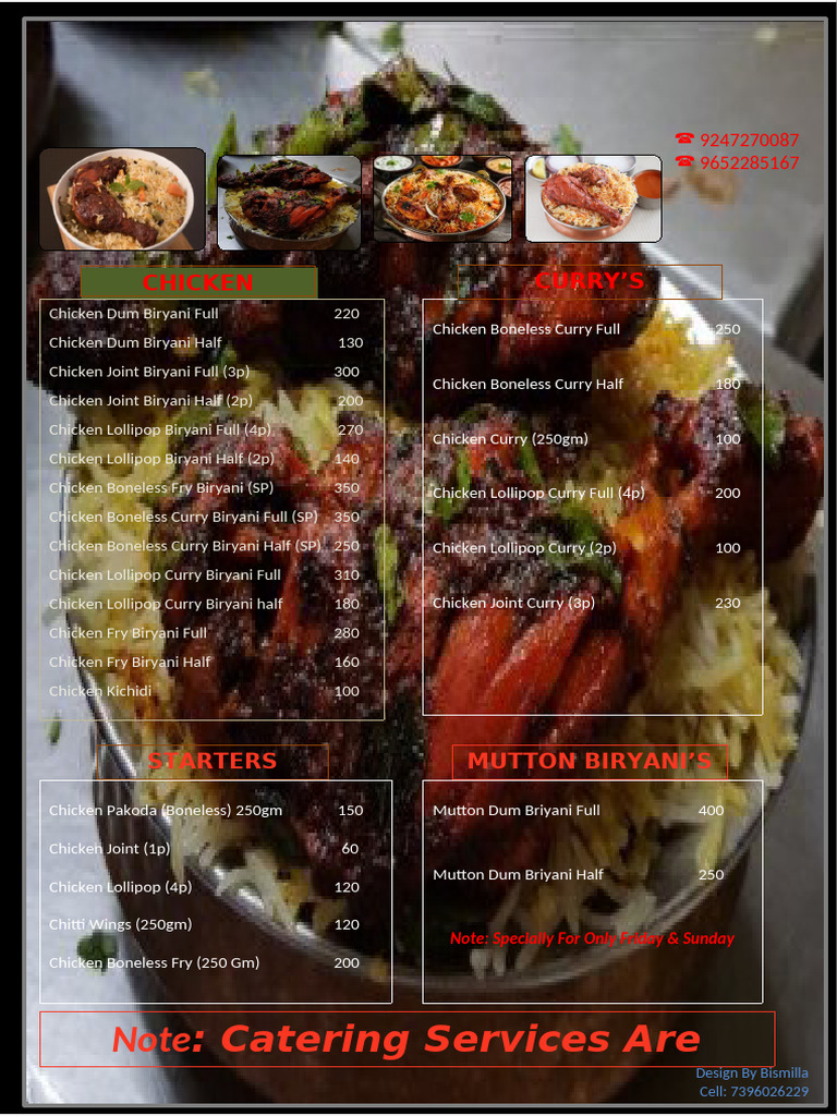 Biryani Menu for Food Lovers | PDF