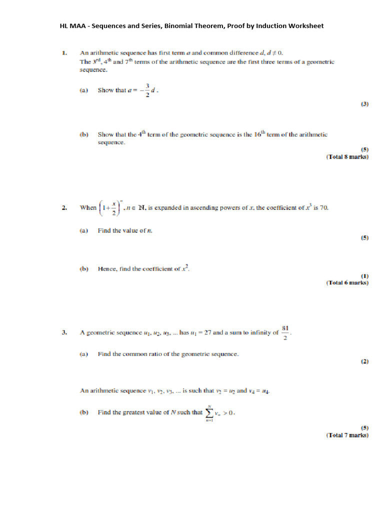 Sequences and Series, Binomial Theorem, Proof by Induction Worksheet | PDF