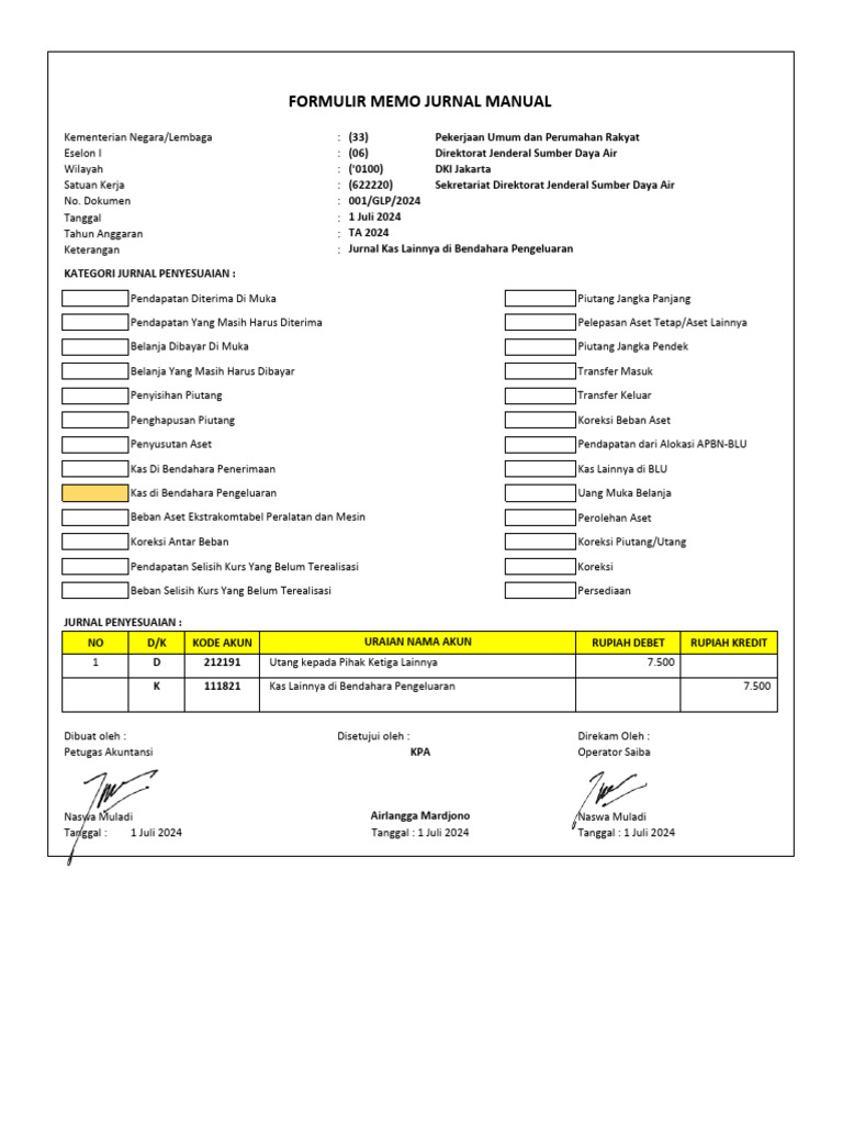 Memo Jurnal Manual Juli 2024 | PDF