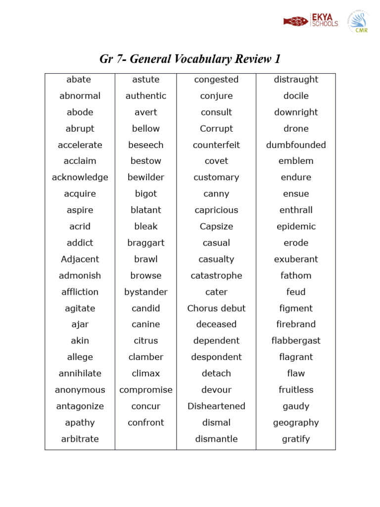 GR 7 Vocabulary List Review 1 | PDF | Young Adult | General Fiction