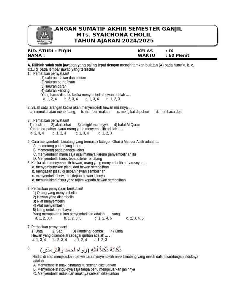Soal Sumatif Semester Ganjil Fiqih Kls 9 MTSSC TH 2024-2025 | PDF | Sains & Matematika | Agama ...