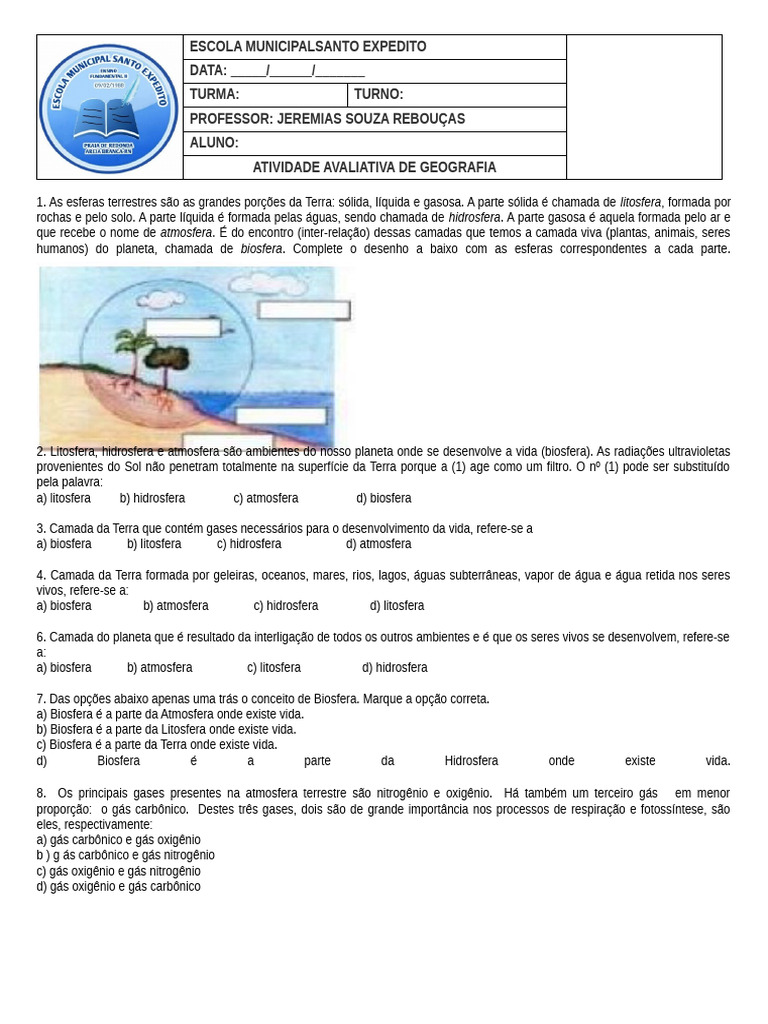 Atividade Avaliativa de Geografia: Esferas Terrestres | PDF | Terra | Atmosfera