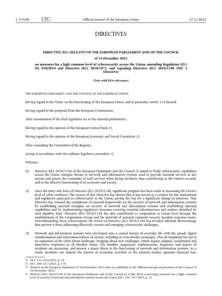 EU Cybersecurity (Directive (EU) 2022 - 2555) | PDF | Computer Security ...