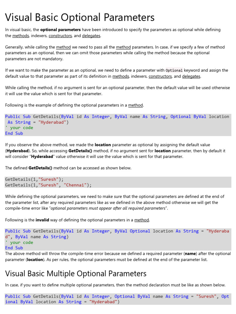 Visual Basic Optional Parameters | PDF | Parameter (Computer ... Visual Basic Optional Parameters | PDF | Parameter (Computer ...