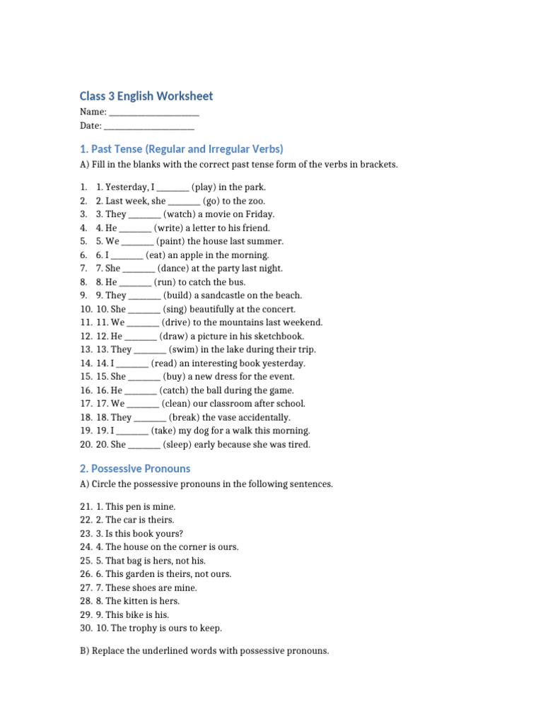 Corrected_Class_3_English_Worksheet | PDF | Linguistics | Grammar