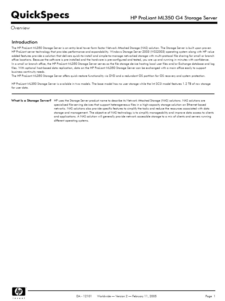 HP ProLiant ML350 G4 Storage Server-C04140863 | PDF | Hard Disk Drive ...
