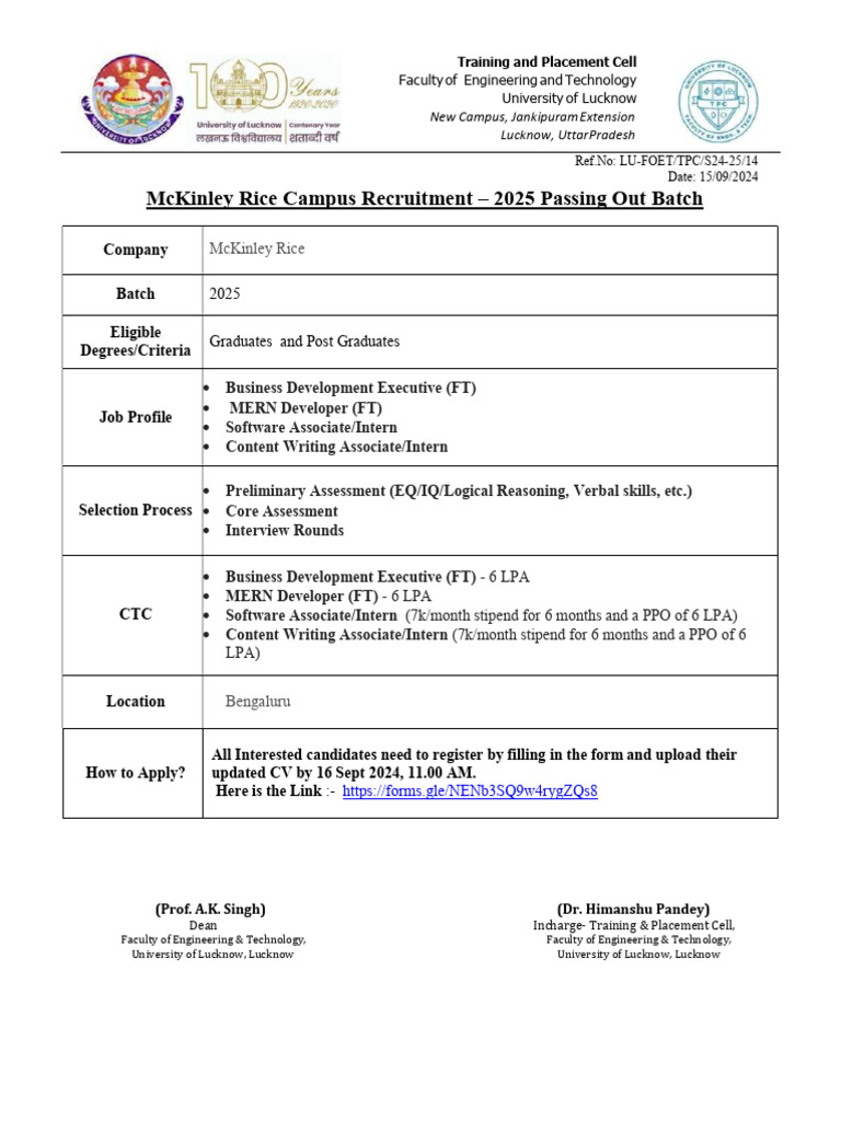 McKinley Rice Campus Recruitment - 2025 Passing Out Batch | PDF ...