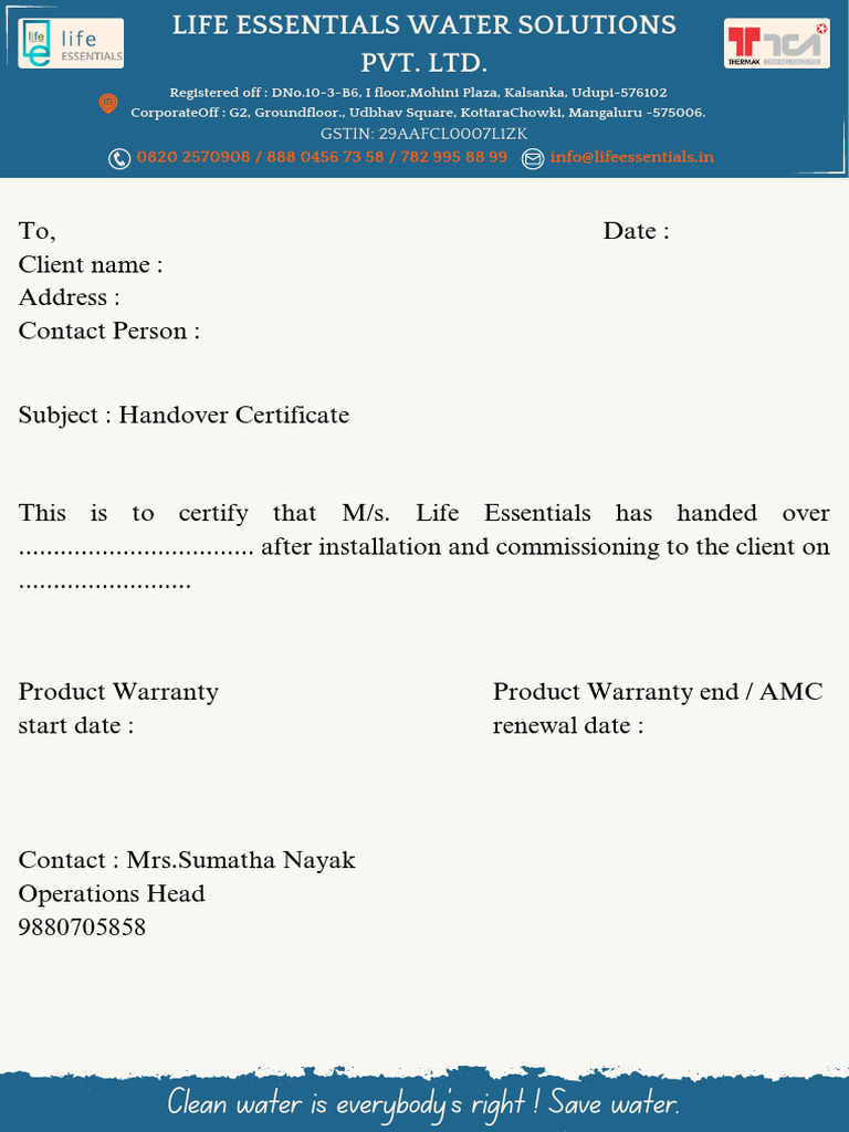 Handover Certificate for Life Essentials | PDF