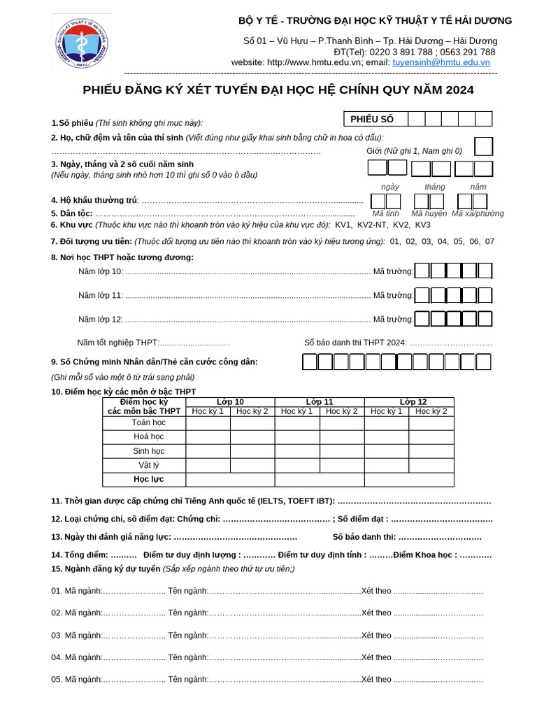 Mau Phieu Dang Ky Xet Tuyen Dai Hoc CQ Nam 2024 - Word 2003 | PDF