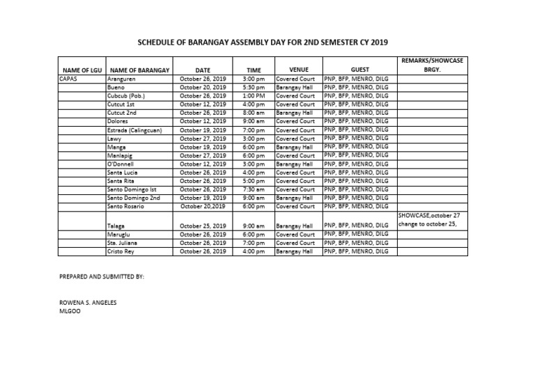 Barangay Assembly Schedule 2nd Semester CY 2019 | PDF