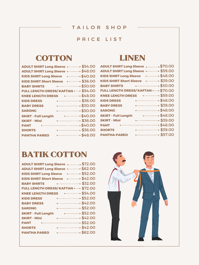 Tailor Price List 2024 | PDF | Wellness