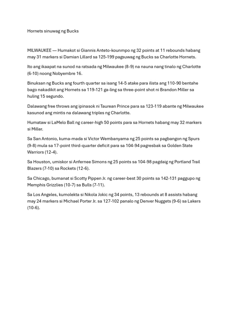 Barasahon Hornets Vs Bucks | PDF