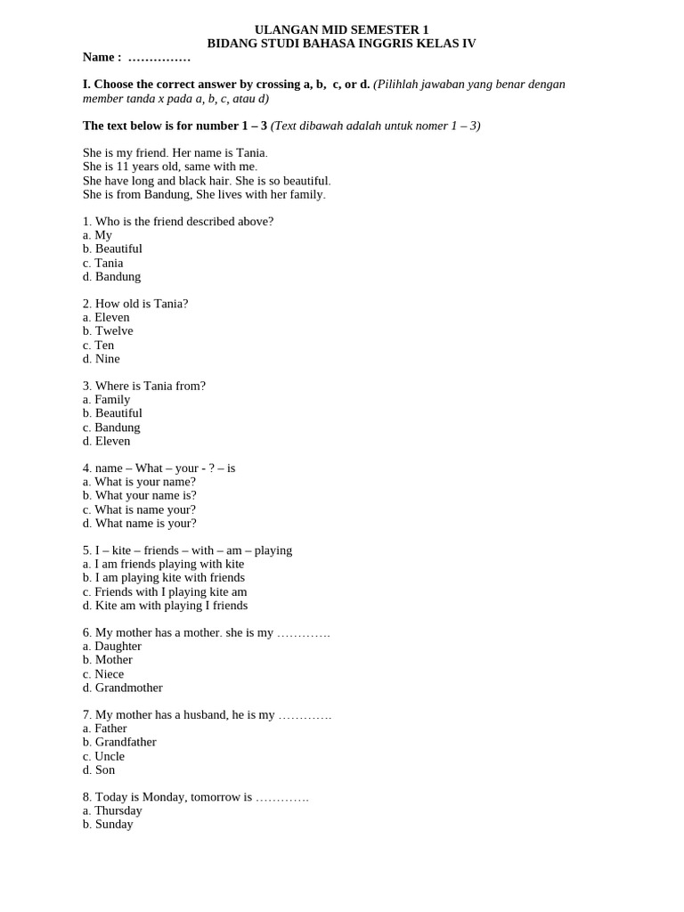 Ulangan Mid Semester 1 Kelas 4 | PDF
