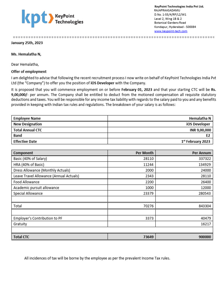 KeyPoint Technologies India PVT LTD - Offer Letter - Hemalatha | PDF ...