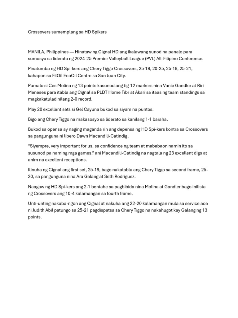 Barasahon Cignal Vs Crossovers | PDF