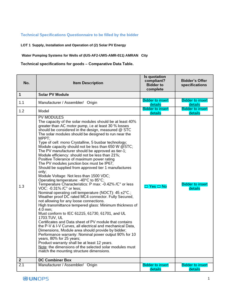 LOT 1 - Technical Specifications Questionnaire | PDF | Solar Panel ...