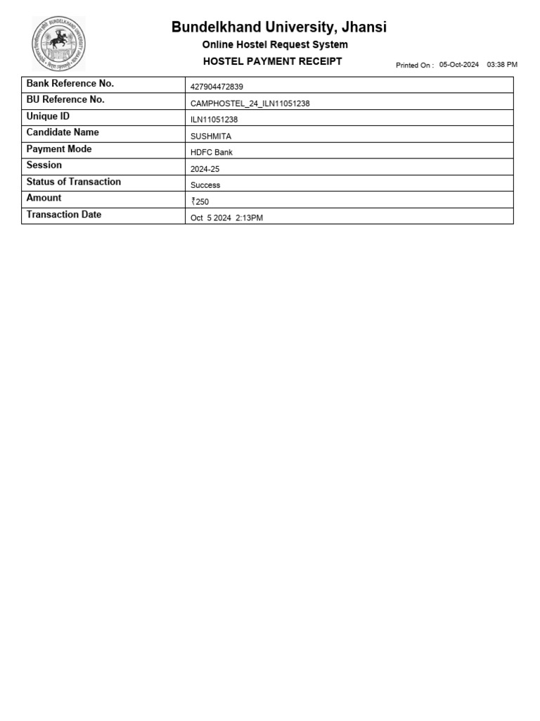 Hostel Payment Receipt | PDF