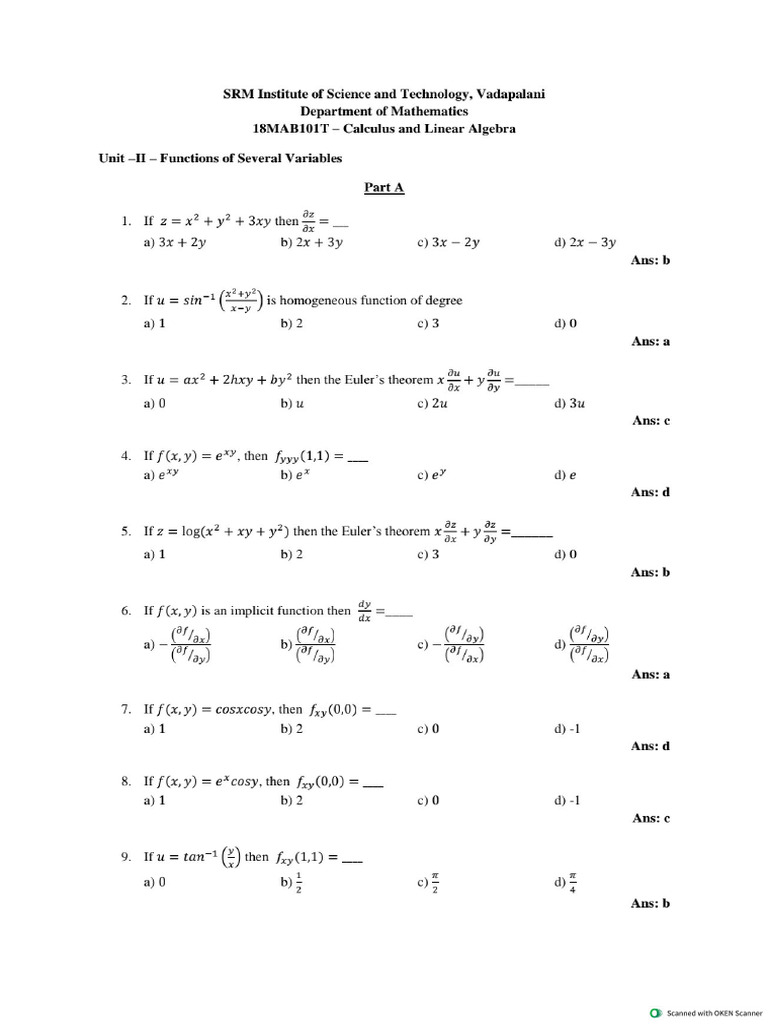 MCQ - Unit II - Func. of Sev Variables | PDF