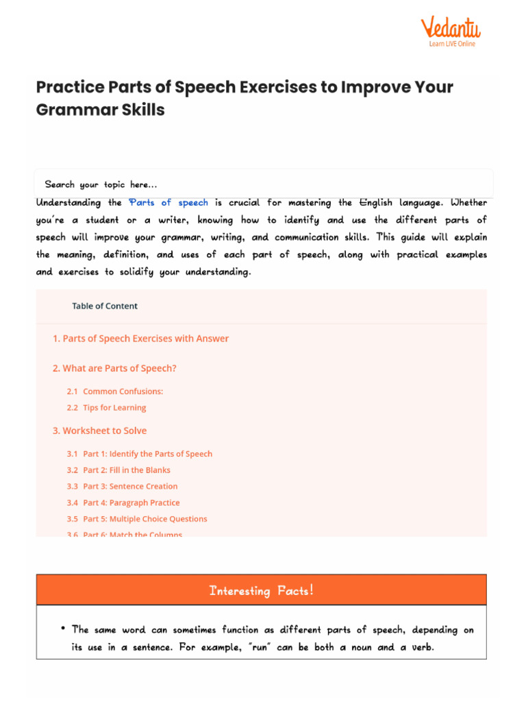 Practice Parts of Speech Exercises To Improve Your Grammar Skills | PDF