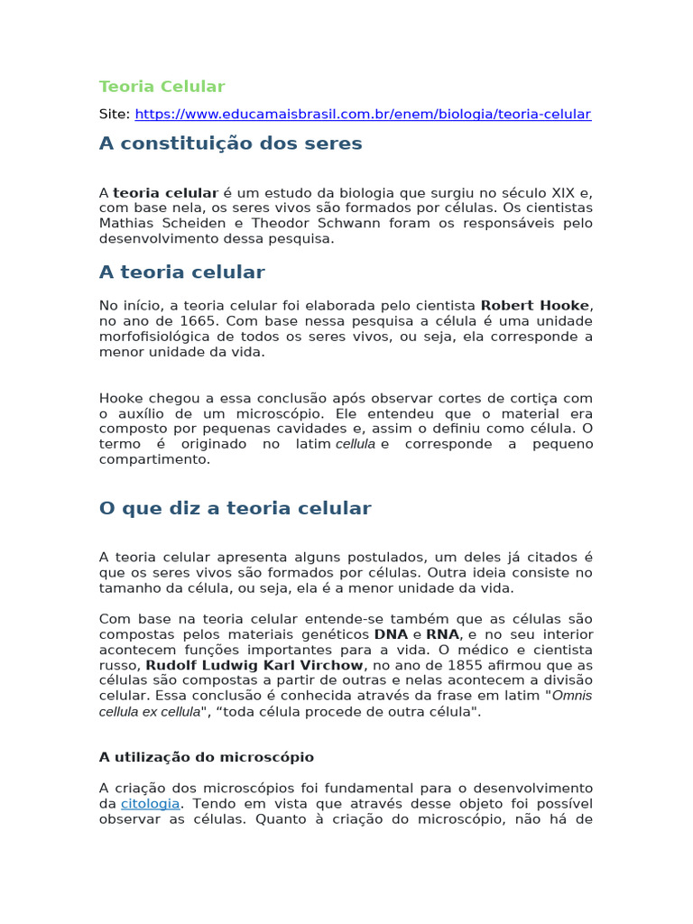 Teoria Celular | PDF | Célula (Biologia) | Biologia