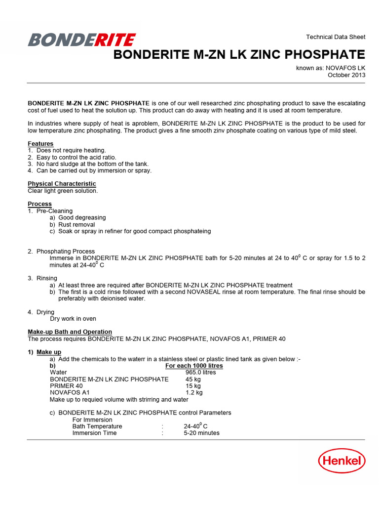 Bonderite M-ZN LK Zinc Phosphate (Novafos LK) | PDF | Titration | Chemistry