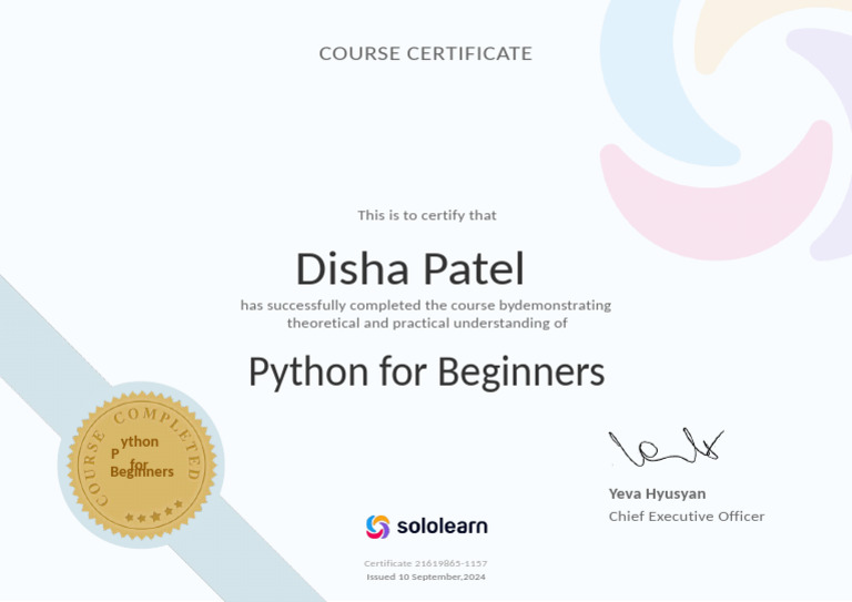 SoloLearn Python For Beginners Certificate - Tanvi | PDF