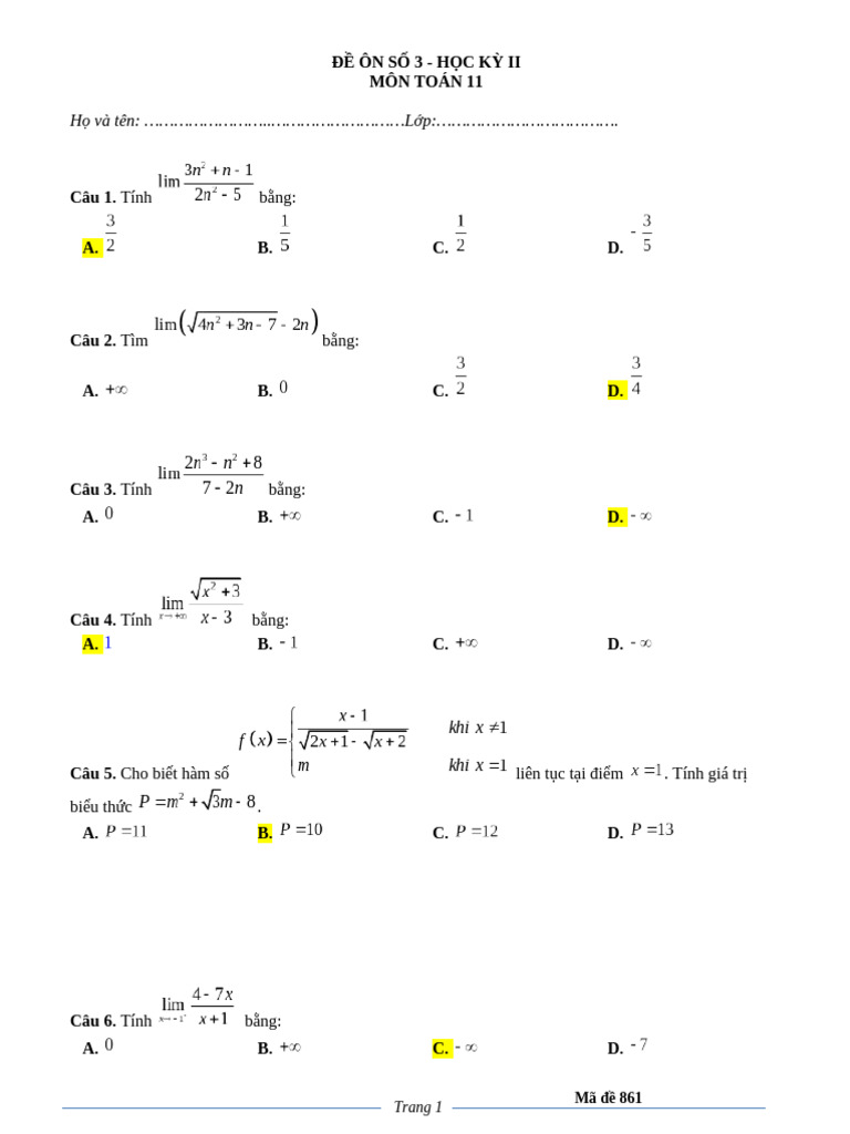 ĐÁP SỐ Đề ôn số 3 Toán 11 HKII | PDF