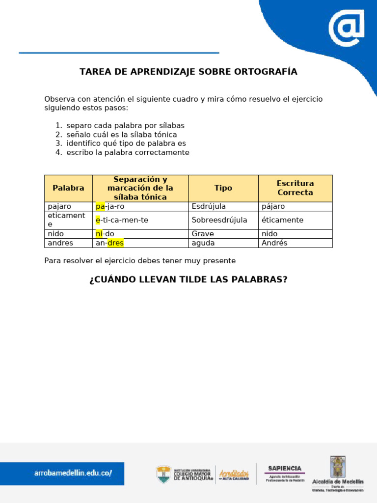Tarea de Aprendizaje Sobre Ortografía | PDF | Estrés (lingüística ...