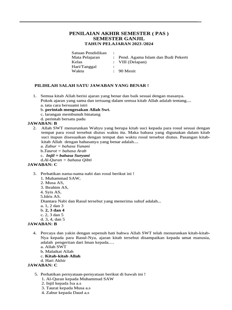 SOAL PAS PAI & BP KLS 8 SMT 1 2024 | PDF | Agama & Spiritualitas