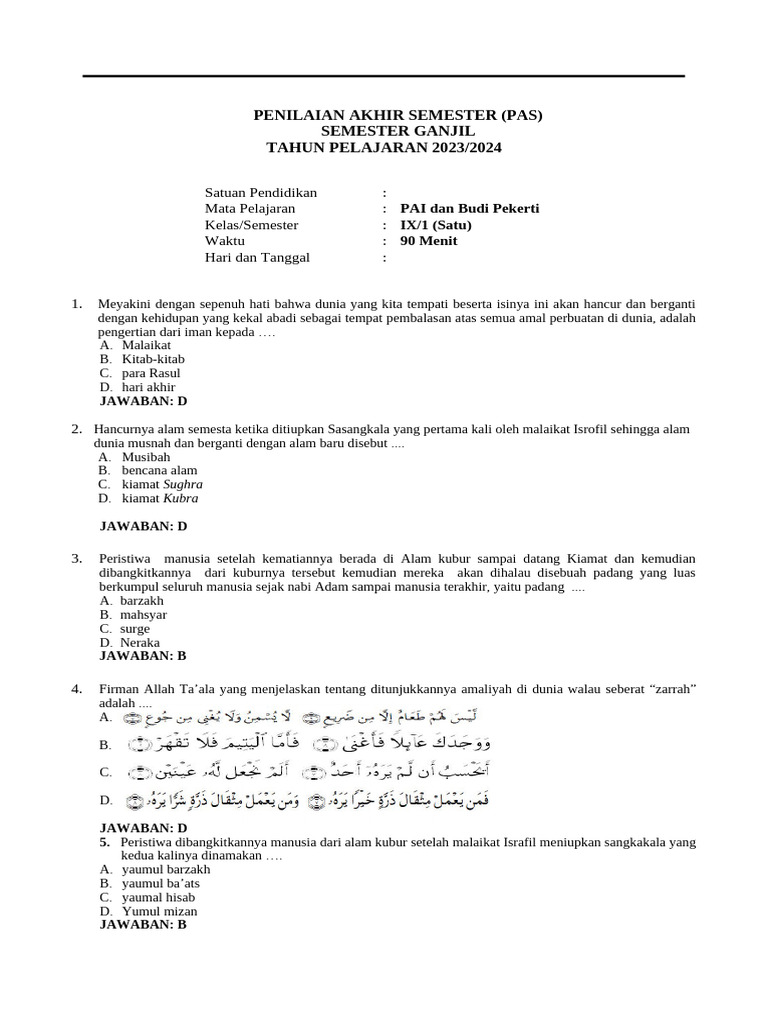 SOAL PAS PAI & BP KLS 9 SMT 1 2023 | PDF | Seni & Disiplin Bahasa | Agama & Spiritualitas