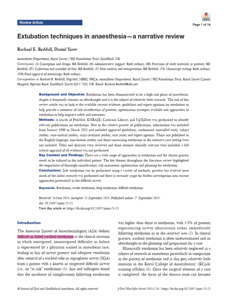 Extubation Technique 2023 | PDF | Anesthesia | Medicine