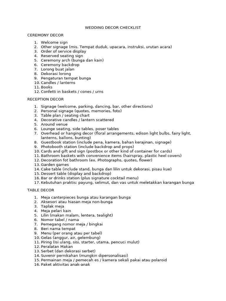 Wedding Decor Checklist | PDF