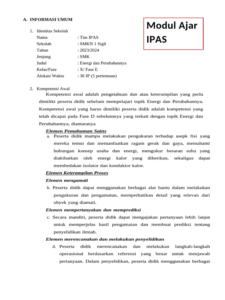 Modul Ajar Ipas - 3. Energi Dan Perubahannya | PDF Modul Ajar Ipas - 3. Energi Dan Perubahannya | PDF
