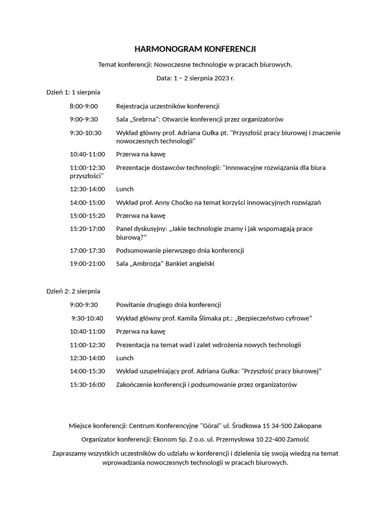 Harmonogram Konferencji | PDF