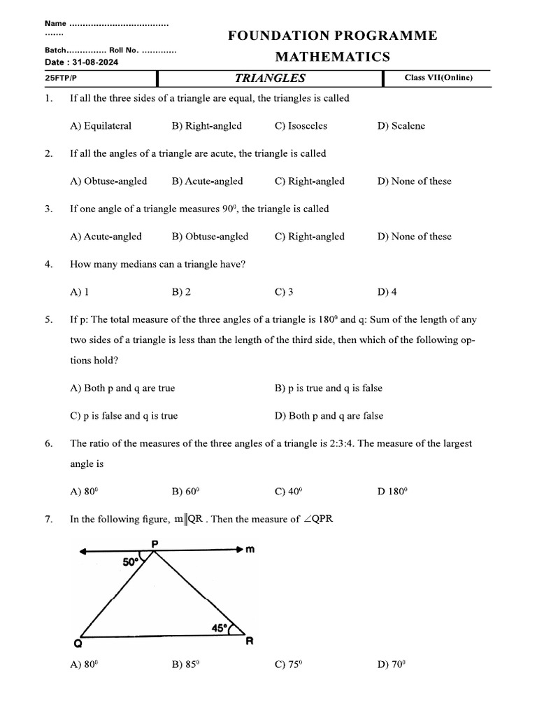 FOUNDATION Class VII (Triangles) 31-08-2024 | PDF
