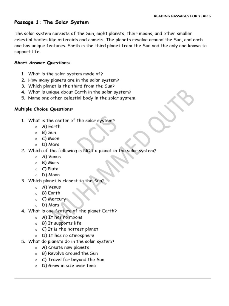 Passage 1: The Solar System: Short Answer Questions | PDF | Solar ...