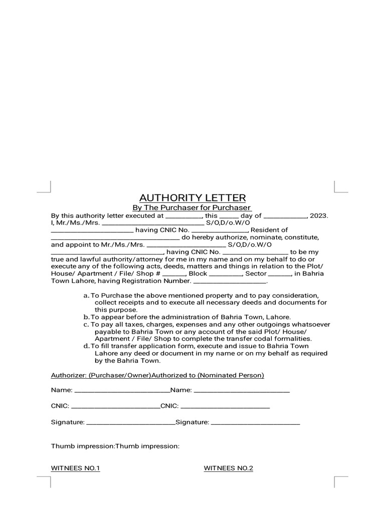 Authority Lettert For Purchaser Bahria Town Lahore New Pattern (500 ...