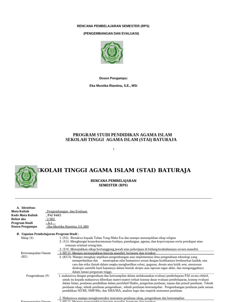 RPS Evaluasi Pembelajaran Sem Ii S2 Pai Nurmawati | PDF | Seni | Sains & Matematika