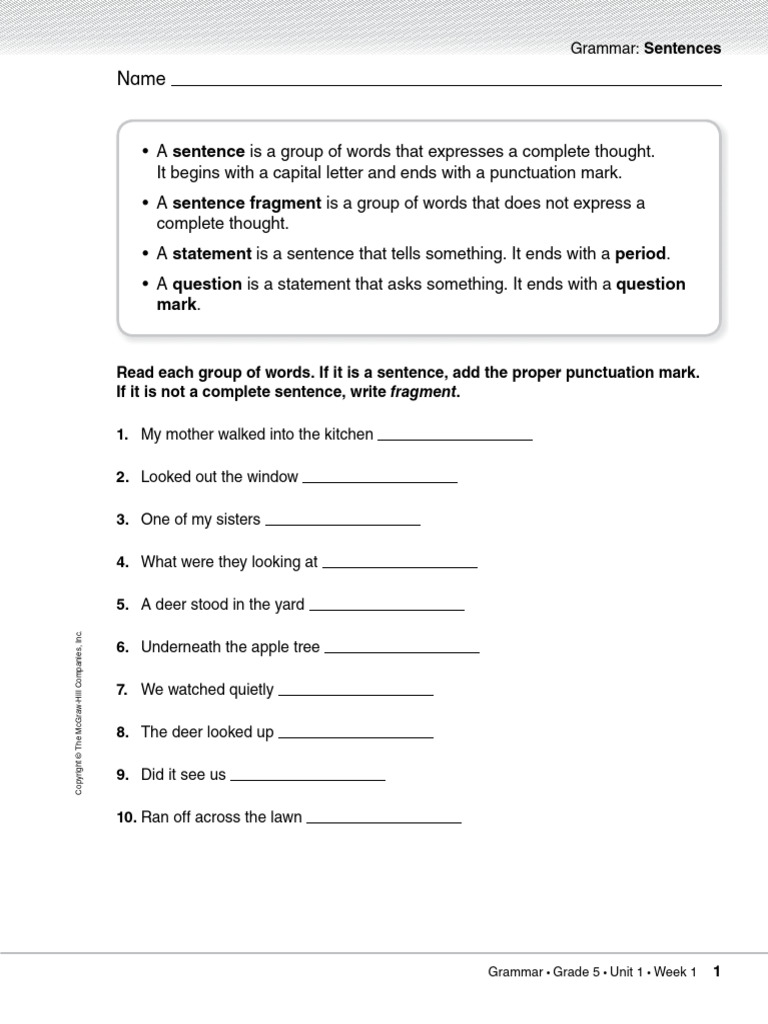 Grammar Practice U1W1 Sentences | PDF | Sentence (Linguistics) | Question