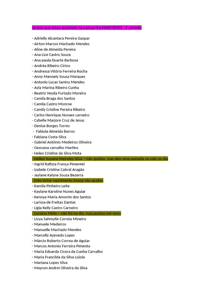 Alunos Que Estao Ajudando Na Campanha MAIO ROXO | PDF