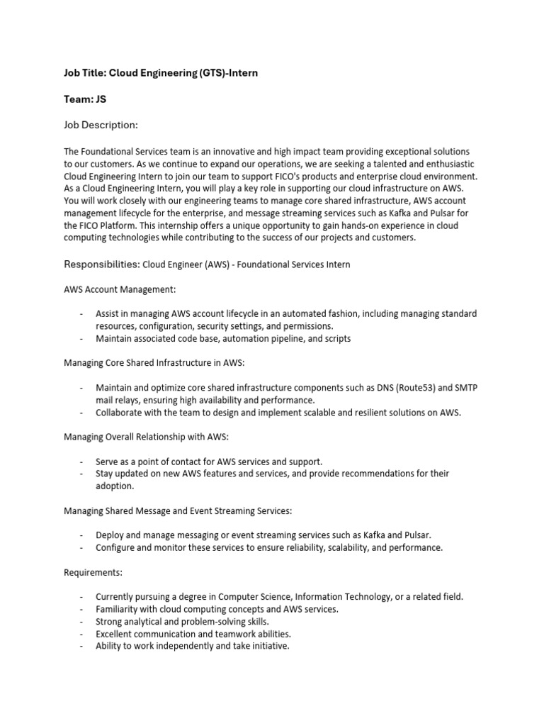 Cloud Engineering (GTS) - Intern - JD - JS | PDF | Cloud Computing | Amazon Web Services